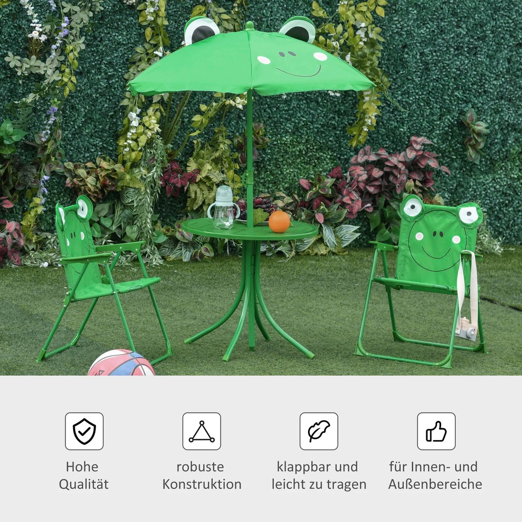 Zahradní set Outsunny pro děti – stůl a židle na piknik, skládací set pro děti se nastavitelným deštníkem 100-125 cm, design žabky, zelený