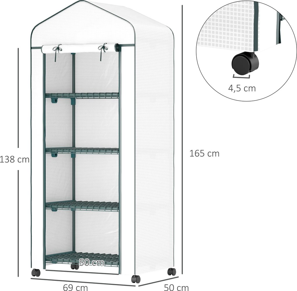 Fóliový skleník, skleník, miniskleník, skleník na rostliny, chladicí rám, 4 police, 69 x 50 x 165 cm, bílá barva