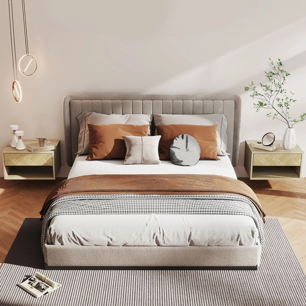 HOMCOM Sada 2 moderních závěsných nočních stolků s šuplíkem a otevřenou přihrádkou, 37x32x21 cm, přírodní dřevo