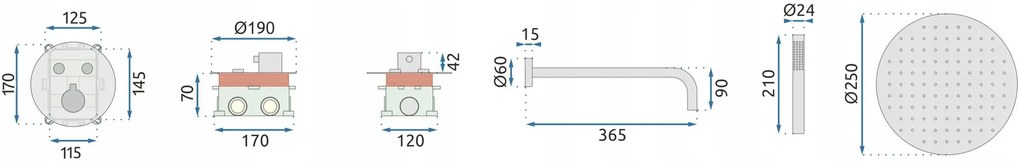 Sprchový komplet REA LUNGO + BOX s termostatickou podomítkovou baterií, broušené zlato