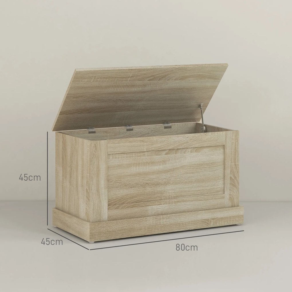 HOMCOM Dřevěný Úložný Truhla, Hračková Truhla s Bezpečnostním Pántem, pro Obývací Pokoj a Předsíň, 80 x 40 x 45 cm, Přírodní Dřevo