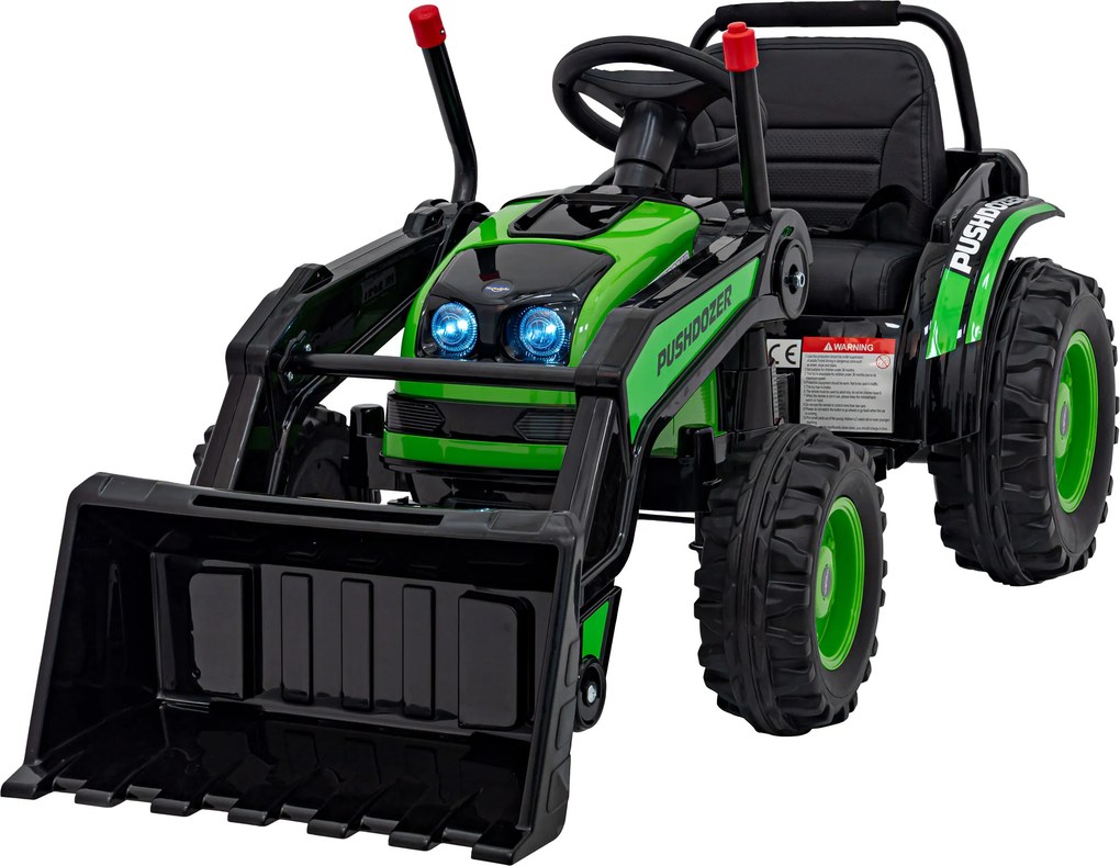 Ramiz Dětský bagr-traktor na baterie zelený + pohyblivé rameno s lžící + dálkové ovládání + pomalý start + FM rádio + LED