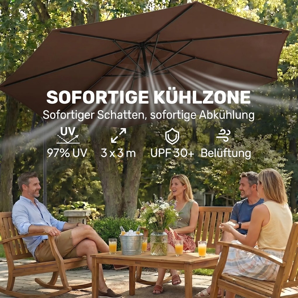 Konzolový slunečník Outsunny s kličkou, Ø3x2,5 m, ocelový rám a polyesterová tkanina v kávové barvě pro zahradu a terasu | Aosom.de