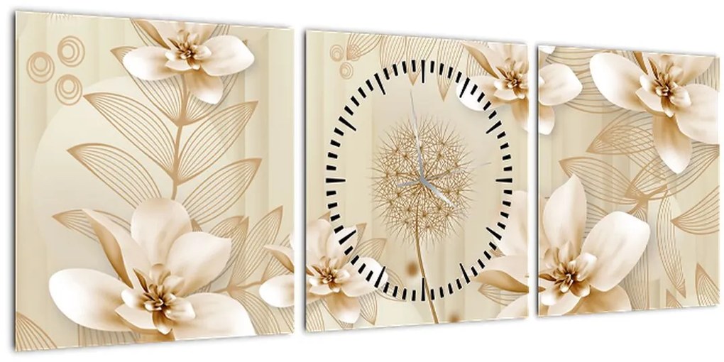 Obraz - Kompozice zlatých květin (s hodinami) (90x30 cm)