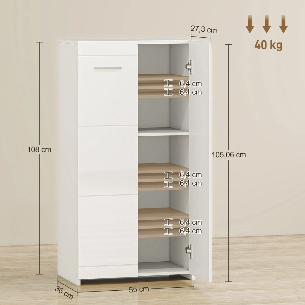 HOMCOM botník, 2 dveře, 5 polic, nastavitelný úložný botník, pojme 10 párů, bílý vysoký lesk, 55 × 36 × 108 cm