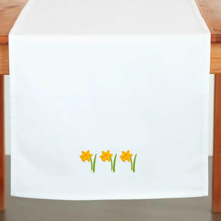 Ubrus Veba GARBO bavlněný satén bílá s výšivkou Narcisy s nešpinivou úpravou Velikost: 40x140 cm