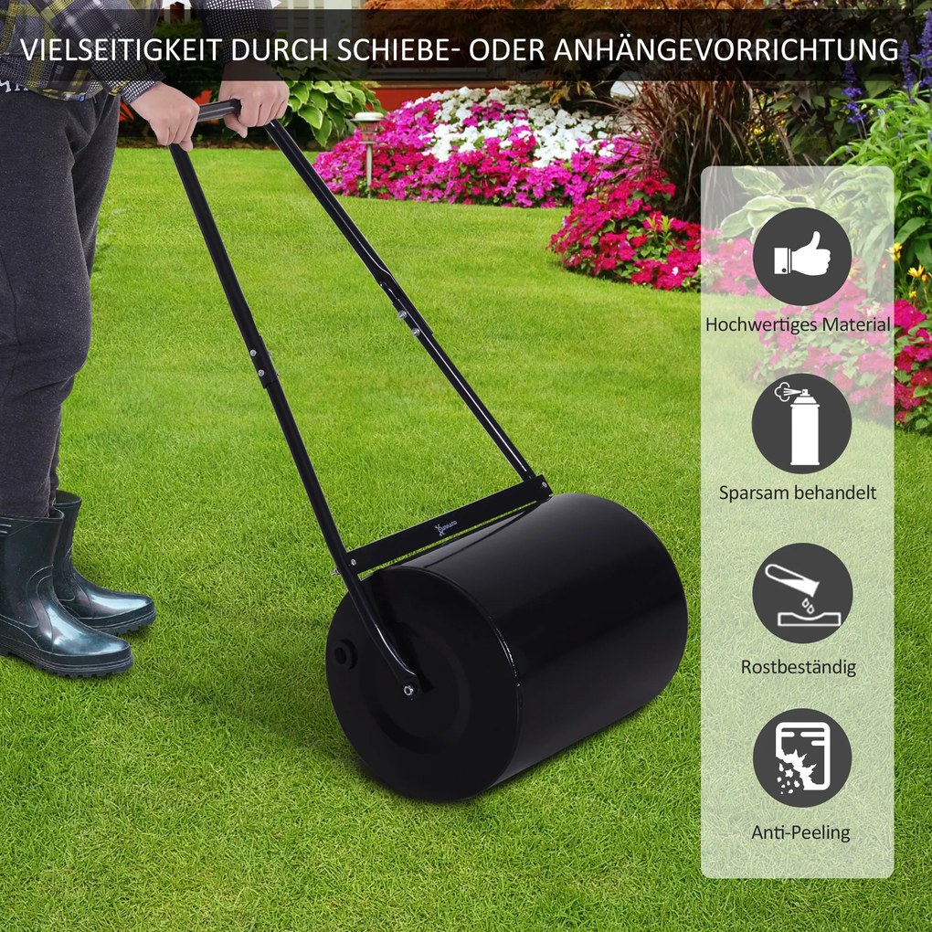 Zahradní válec Outsunny s U-rukojetí průměr 40 cm 60 l náplň z vodního písku kovový černý 57 x 40 x 123 cm pro dokonalé trávníky