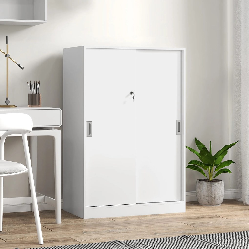 HOMCOM Praktická kancelářská skříň s 2 posuvnými dveřmi, zámky a 3 policemi pro kancelář a studium 80x40x120 cm Bílá