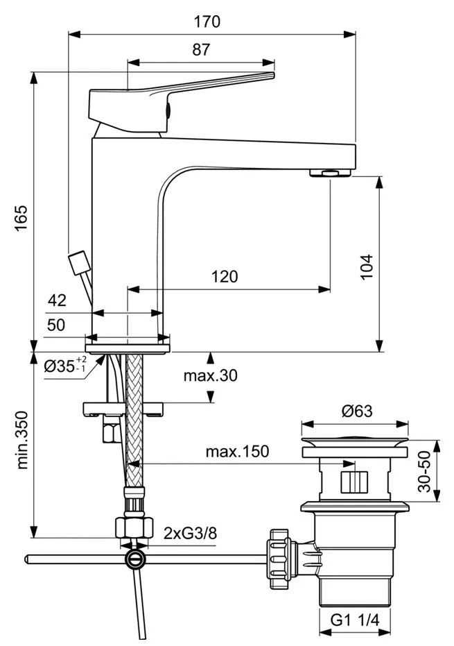 Ideal Standard Entela - Umyvadlová baterie stojánková s odtokovou garniturou, výška 104 mm, 5l / min., Chrom, BC232AA