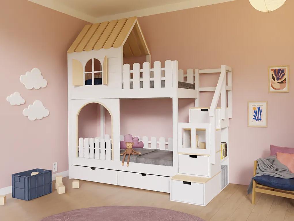 WoodPassion Domečková patrová postel ZÁMEK s úložnými schody 90x200 cm Zvolte barvu: Bílá - Přírodní, Zvolte šuplík: Úložný šuplík, Zvolte stranu: Vlevo