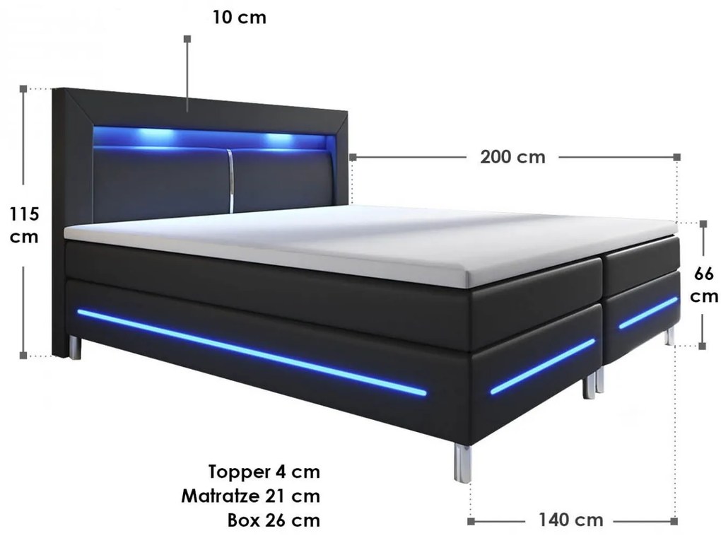 Goleto Postel Box Spring Norfolk s LED osvětlením 140 x 200 cm | černá