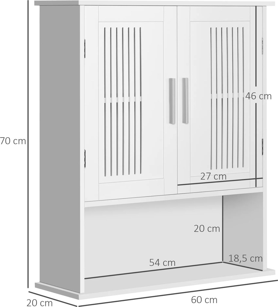 Kleankin Nástěnná Koupelnová Skříňka Multifunkční Visící Koupelnový Nábytek S Úložným Prostorem a 2 Dveřmi se Šikmými Policemi 60x20x70 cm Bílá