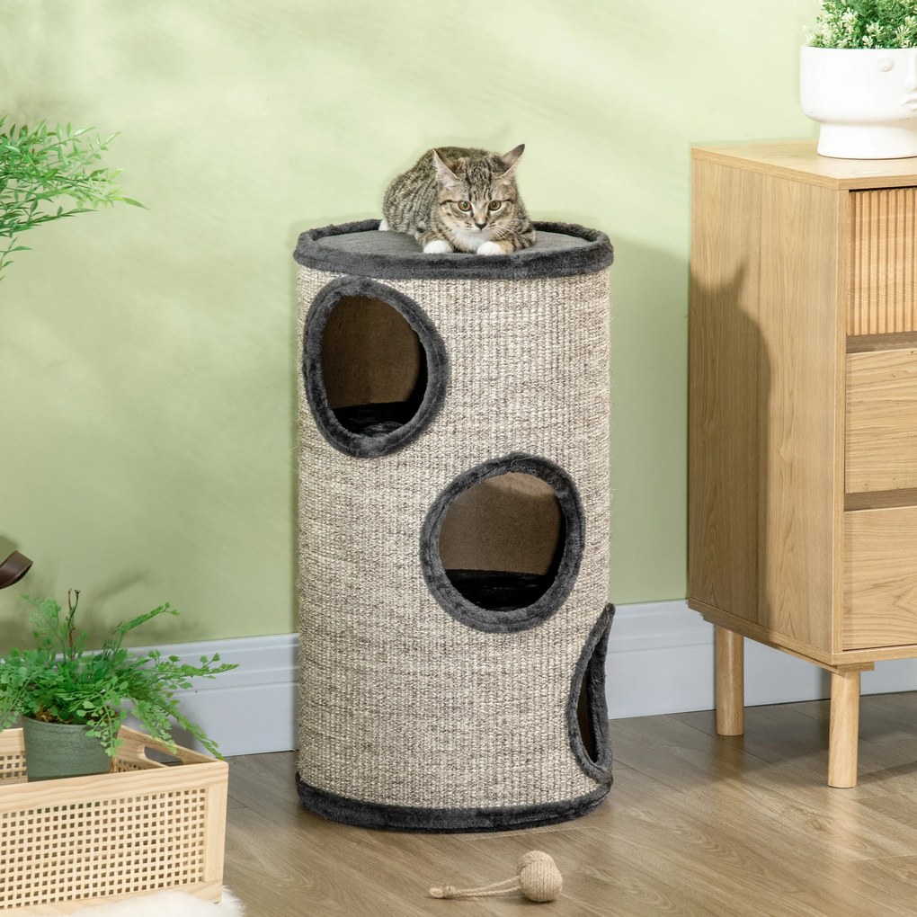 PawHut škrábací sud s plyšovým designem 3 úrovně se 3 jeskyněmi a škrábací plochou ze sisalového lana 38 x 38 x 70 cm šedý pro kočky | Aosom.de