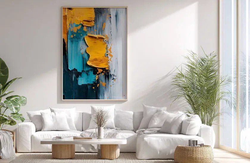 Zlatý kontrast - obraz - Moderní abstrakce s tyrkysovou energií 35 - 50 x 70 cm - 649 Kč