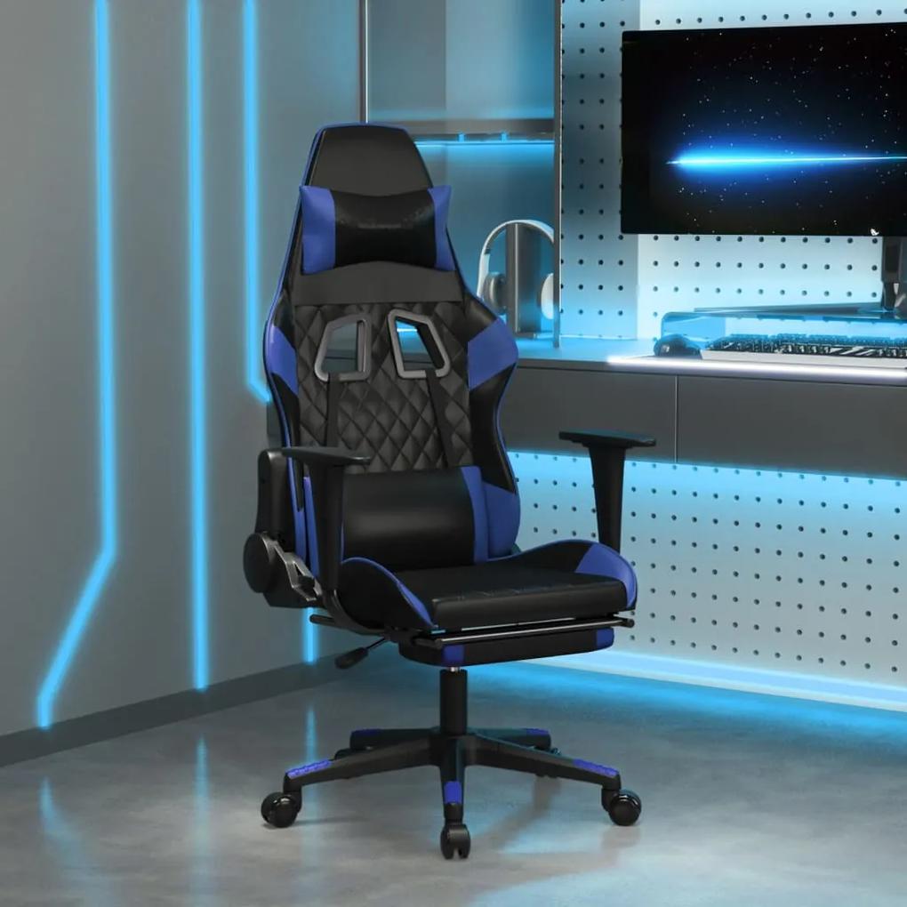Masážní herní židle s podnožkou černá a modrá umělá kůže,  345522