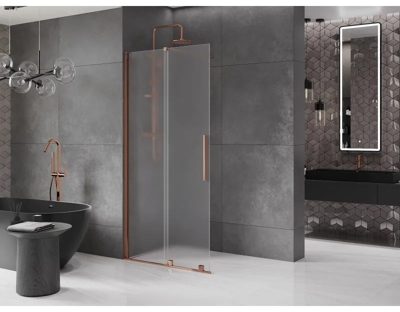 Mexen Velar, sprchová zástěna s posuvnými dveřmi Walk-in 100 x 200 cm, 8mm sklo námraza, růžové zlato, 871-100-000-33-60