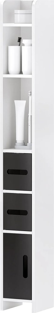 Kleankin koupelnová sloupcová skříň s 3 dvířky, 3 otevřenými policemi a proti-převrhovacím systémem, moderní styl, 15x17x120 cm, bílá a černá | Aosom