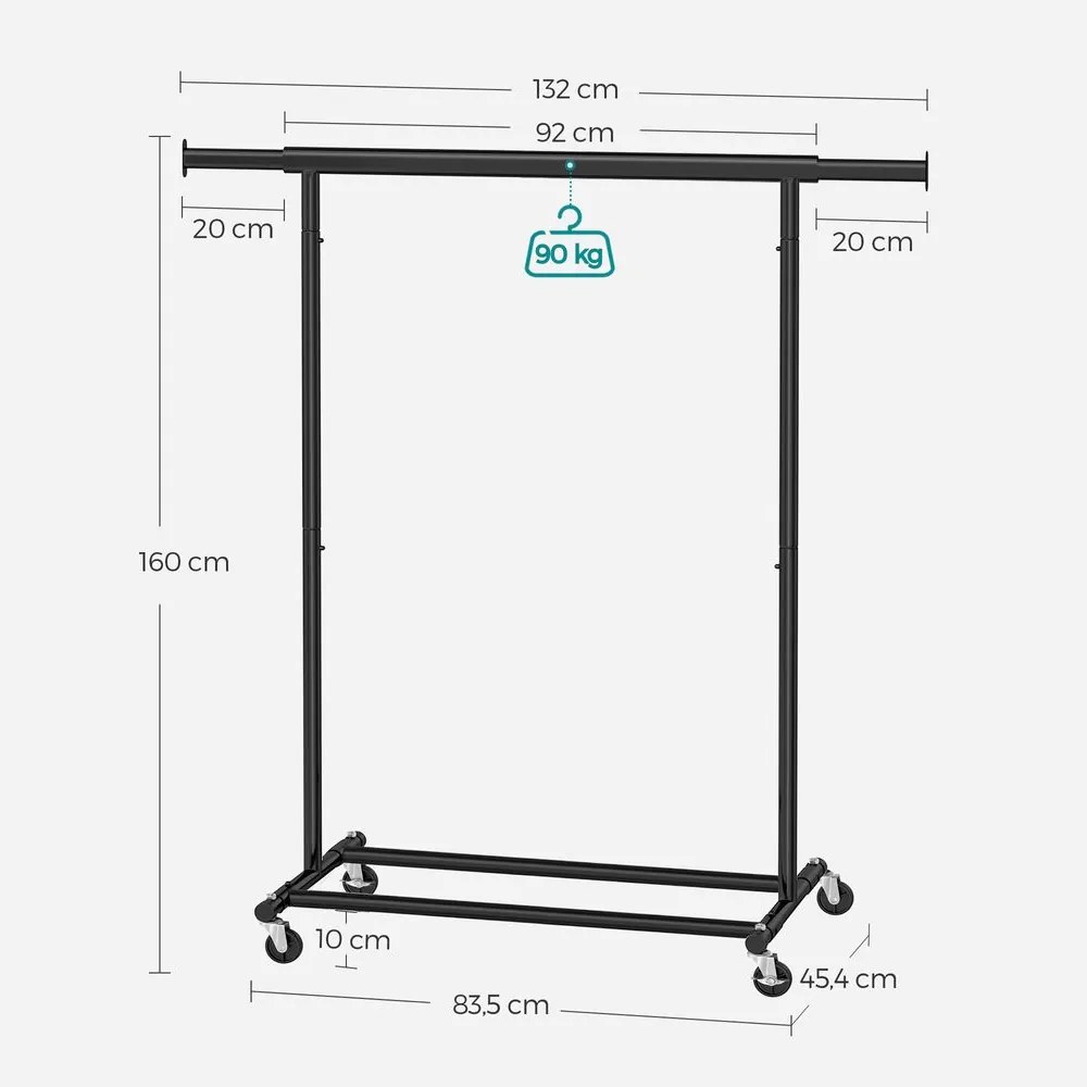 SongmicsHome Stojan na oblečení INEZ na kolečkách, max.90kg, 83,5x45x160cm, černá