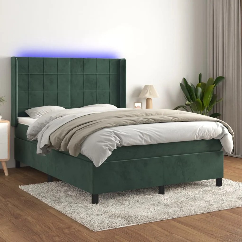 Box spring postel s matrací a LED tmavě zelená 140x200 cm samet 3139568