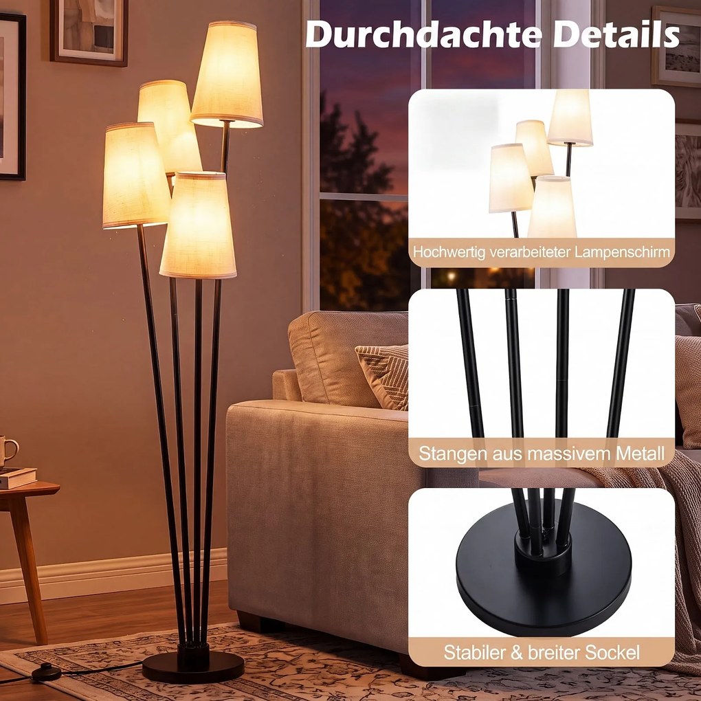 Costway 4-plamenová stojací lampa s nožním spínačem a 4 stínidla Moderní stojací