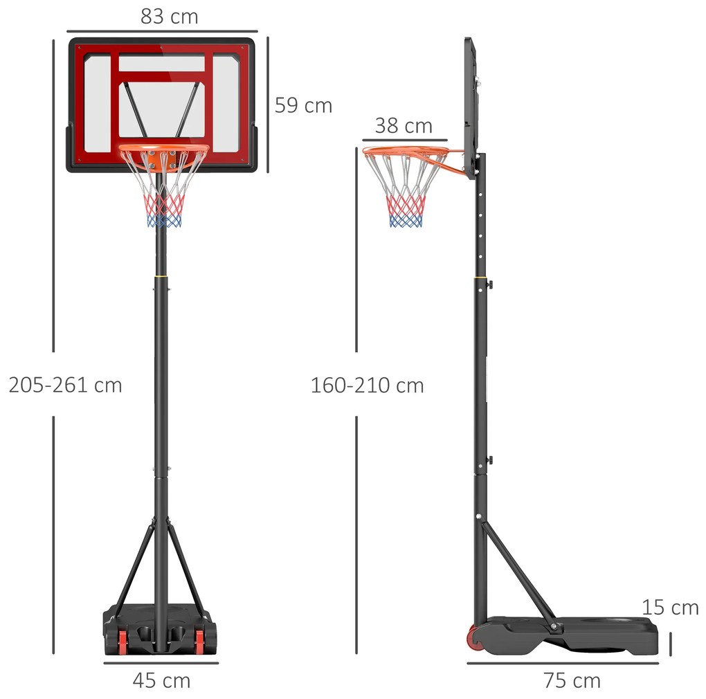 HOMCOM Basketbalový stojan venkovní s kolečky, výškově nastavitelný basketbalový koš 160-210 cm se stojanem, zadní stěna 83x59 cm, pro teenagery na d…