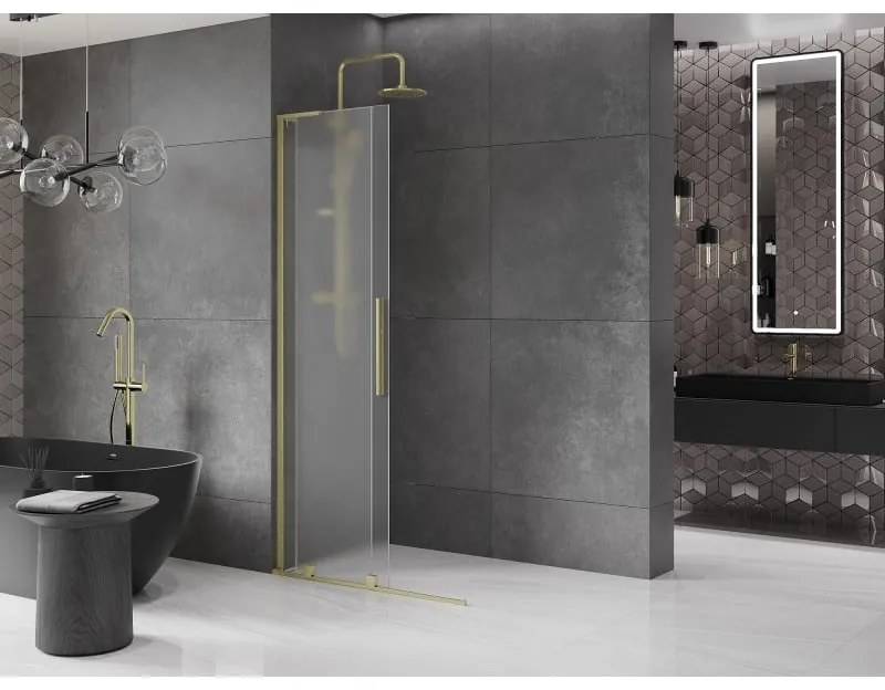 Mexen Velar L, posuvná sprchová zástěna Walk-in 100 x 200 cm, 8mm sklo námraza, zlatá matná, 871-100-003-33-55