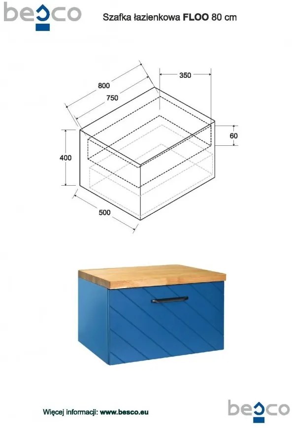 BESCO Spodní skříňka FLOO modrá matná Barva - Modrá, Madla - Zlatá, Rozměr A - 80 cm, Rozměr B - 50 cm, Rozměr C - 40 cm, Způsob provedení - Levá varianta NASUF854CZL