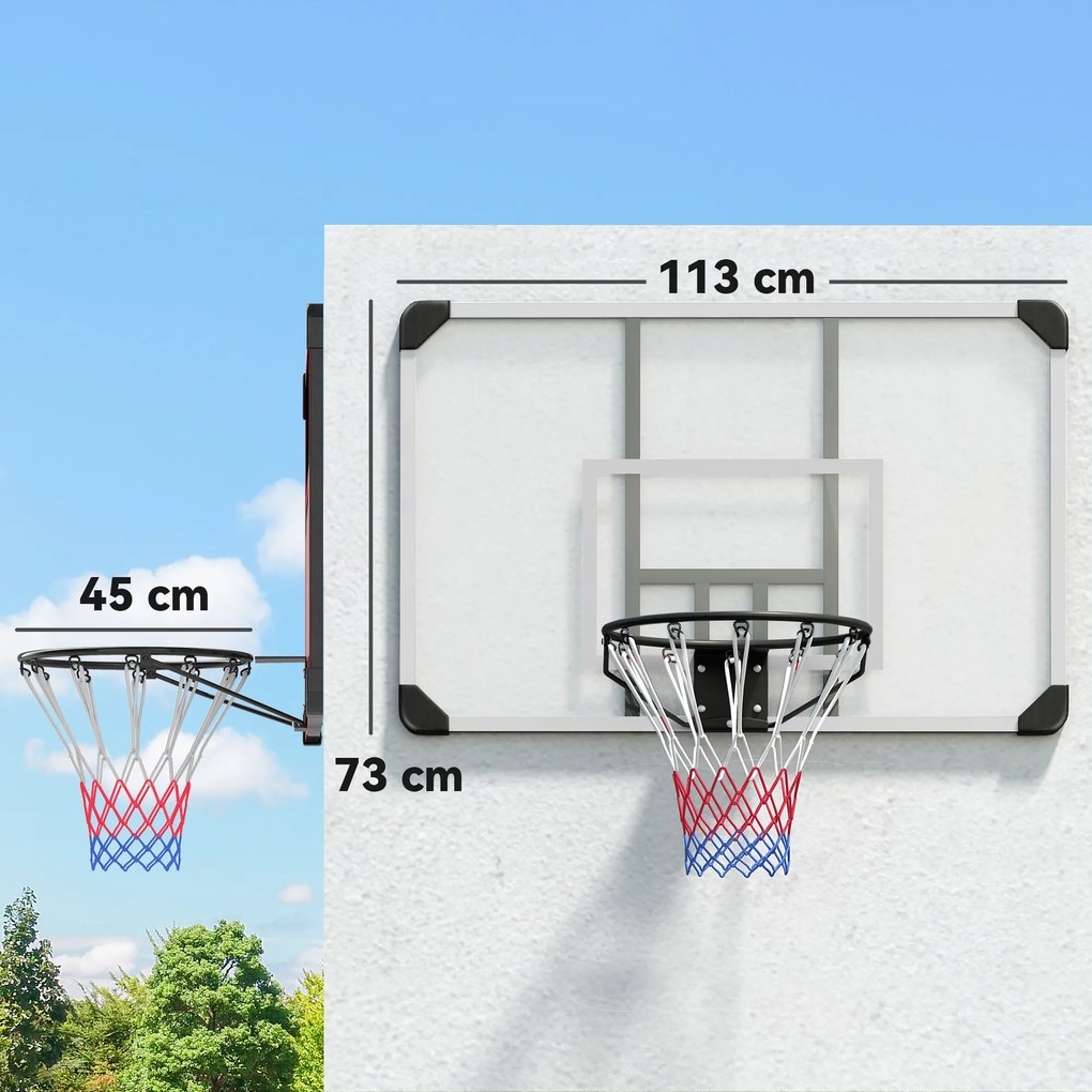 Nástěnný basketbalový koš SPORTNOW s basketbalovou deskou a sítí 113 x 61 x 73 cm z oceli pro venkovní aktivity v bílé barvě