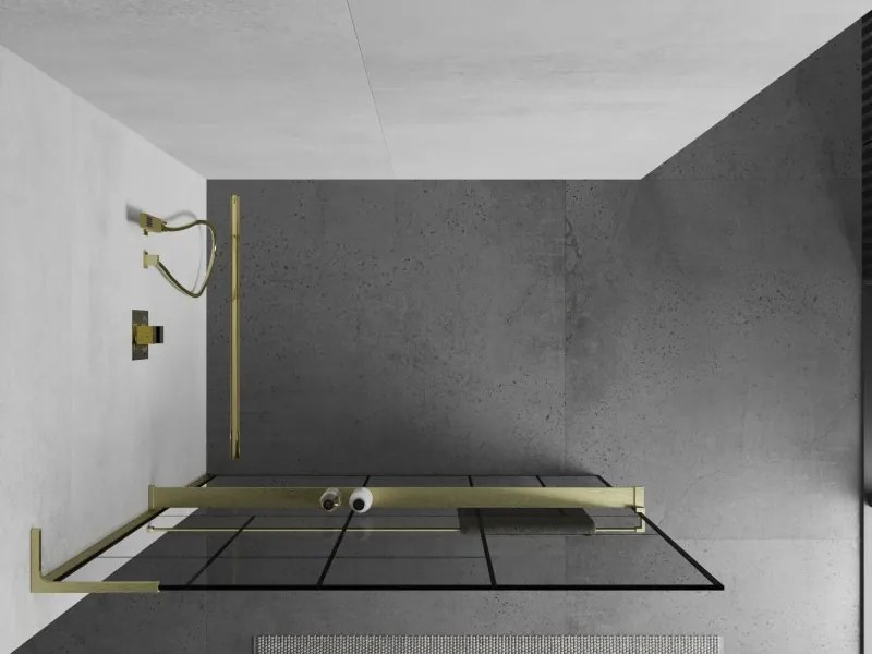 Mexen Kioto+ L, sprchová zástěna Walk-In s poličkou a věšákem 100 x 200 cm, 8mm čiré sklo černý vzor, zlatý matný profil, 800-100-123-55-78