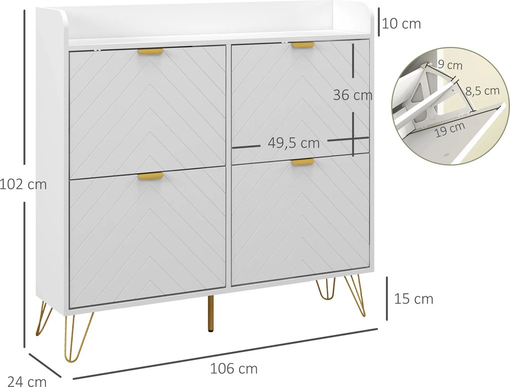 HOMCOM Skříň na boty se 4 zásuvkami, Úložná skříň na boty s nastavitelnou policí, Vysoká kapacita pro předsíň, Vstup, 106 x 24 x 102 cm, Bílá