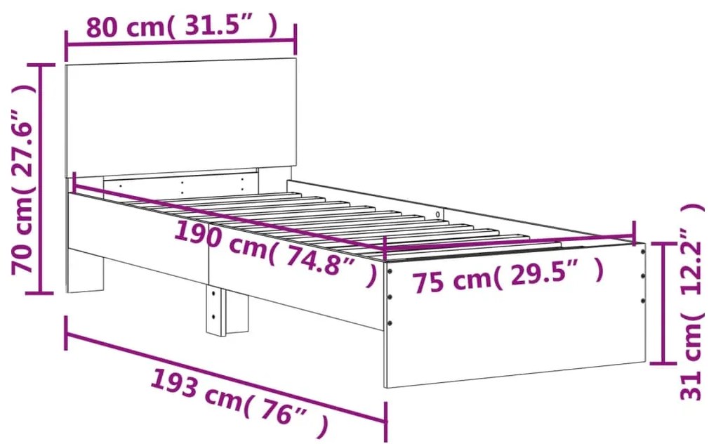 Rám postele s čelem kouřový dub 75 x 190 cm kompozitní dřevo