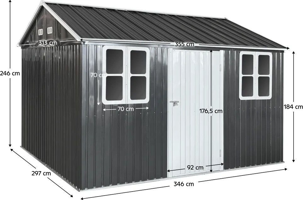 Plechový zahradní domek na nářadí, antracitová, 3,6x3,1x2,5 m, GABKO