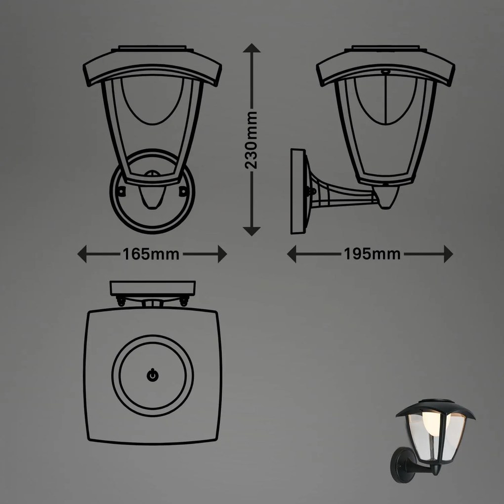 BRI 3929015 LED nabíjecí nástěnné svítidlo, venkovní, retro, dotykový vypínač, vyměnitelné baterie, vč. USB-C kabelu, stmívatelné, IP44, černá - BRILONER
