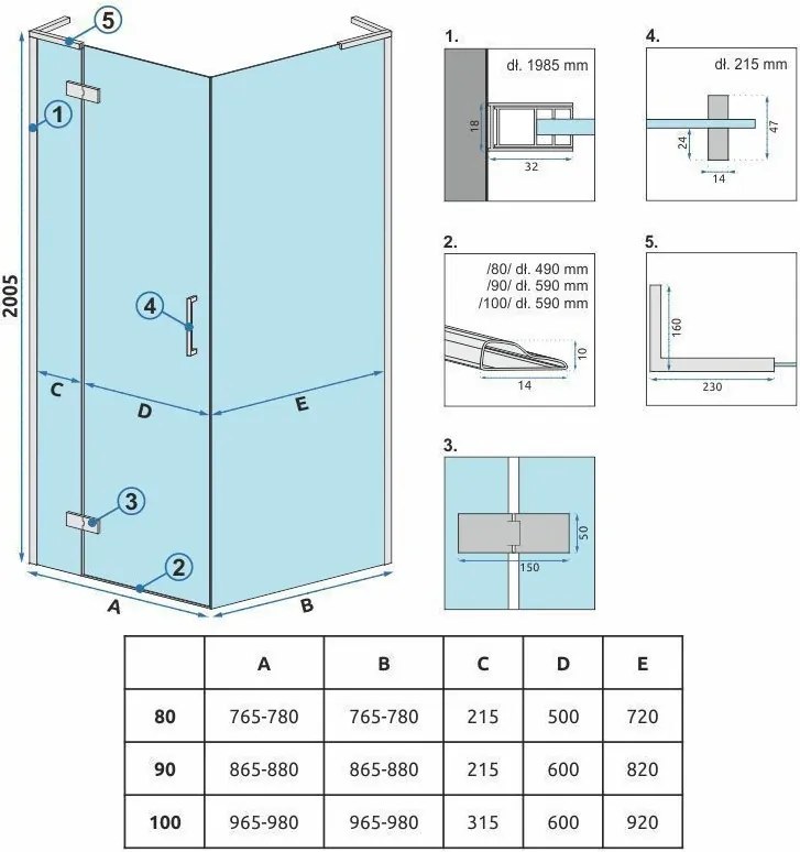 Rea Hugo, 1-křídlý ​​sprchový kout 100 (dveře) x 90 (stěna) x 200 cm, 6mm šedé sklo, měděný profil, KPL-K6970