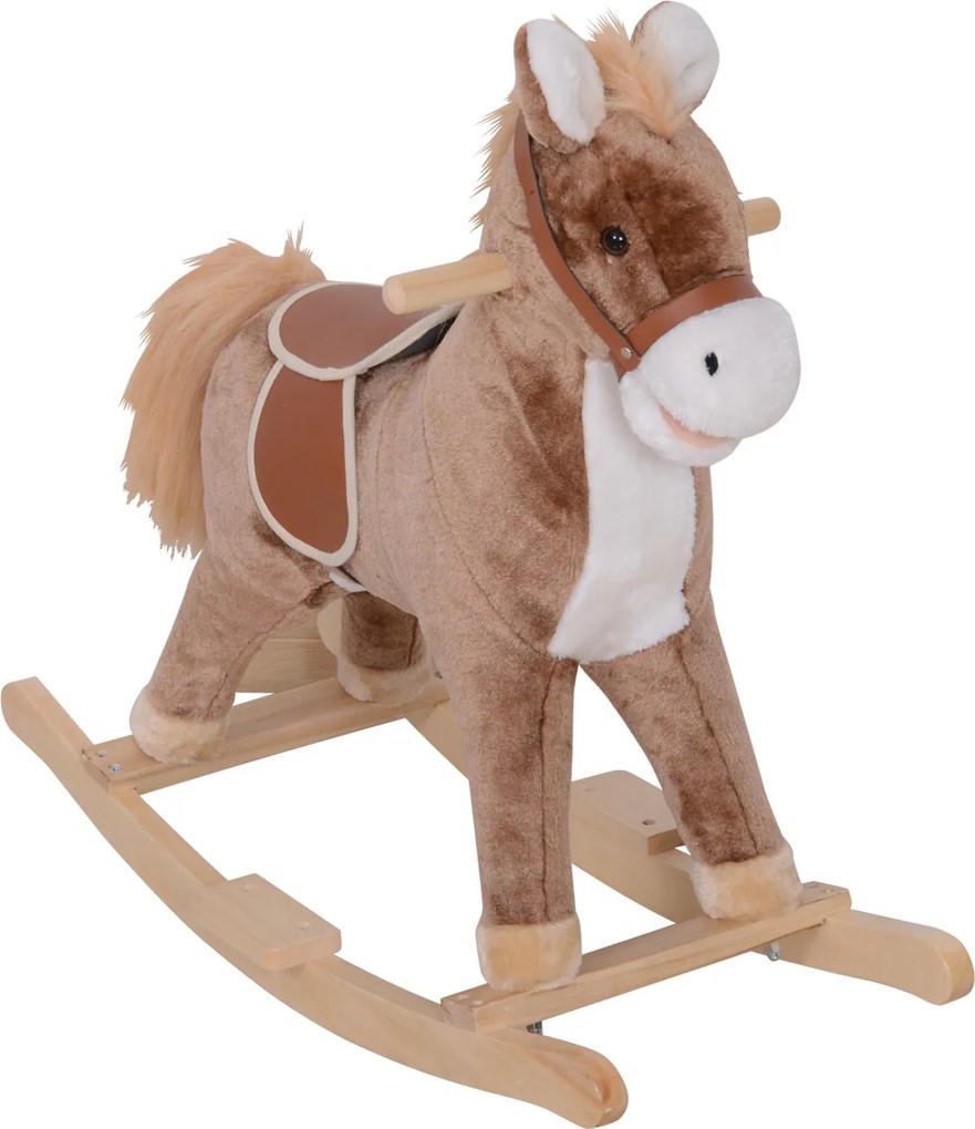 HOMCOM Houpací hřebec s cowboyským sedlem - Velké pohodlí, krátký měkký plyš, topolové dřevo, hnědý