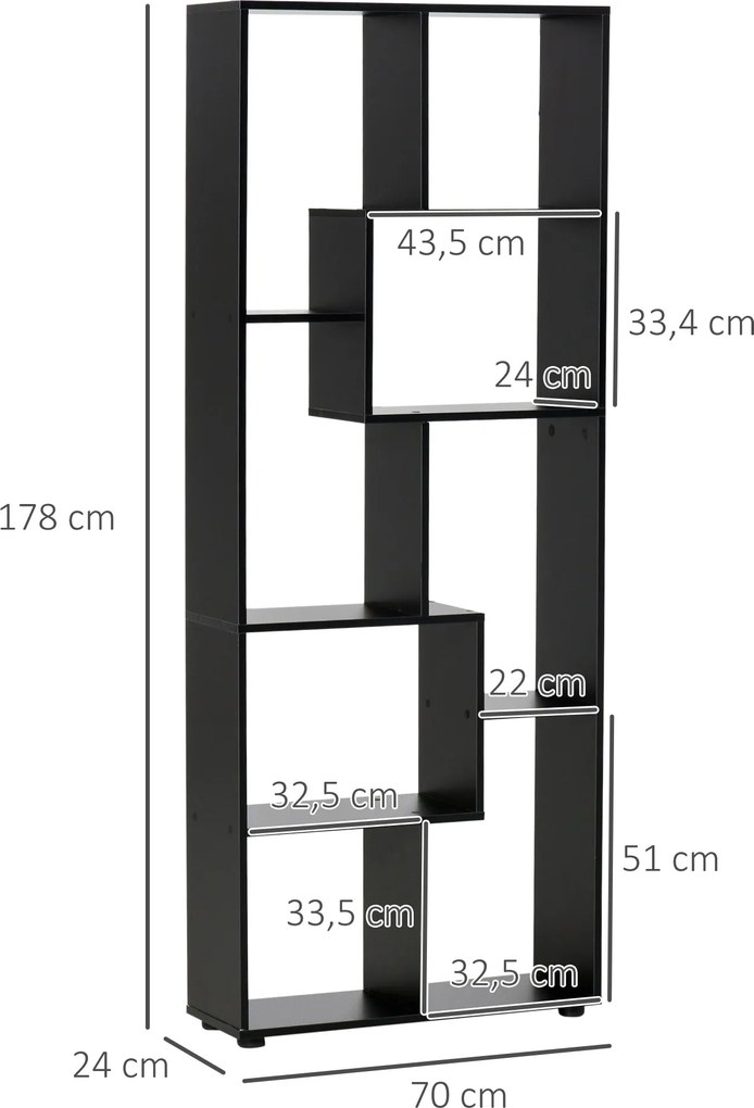HOMCOM Knihovna v moderním zigzag designu 70L x 24W x 178H cm Dřevotříska Černá