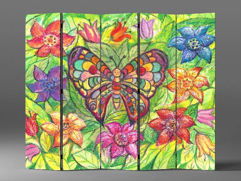Liox Paraván motýl a květy malba Rozměr: 225 x 180 cm