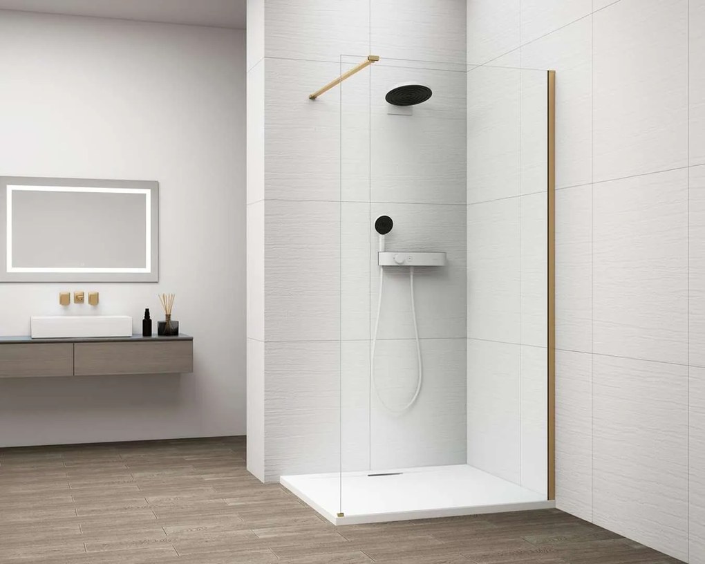 Polysan Esca - Sprchová stěna Walk-In 90x210 cm, Antidrop, sklo čiré/matná zlatá ES1090-04