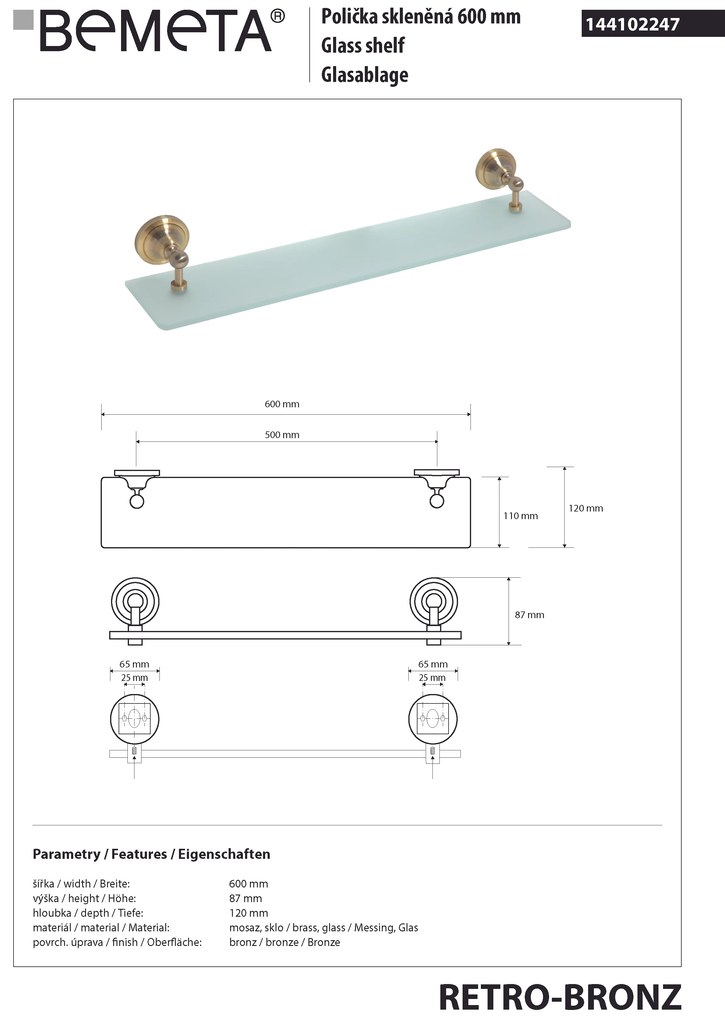 Bemeta Design RETRO bronz: Polička, 600 mm, sklo - 144102247