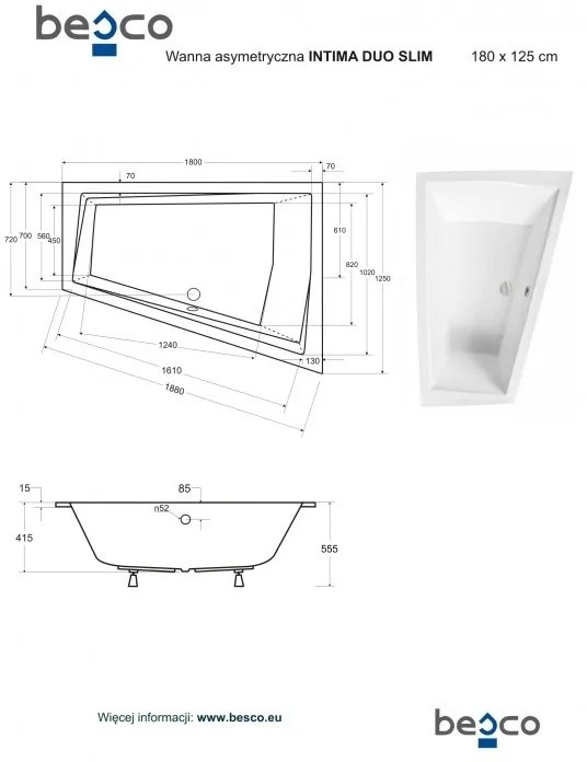 BESCO Asymetrická vana INTIMA DUO SLIM Nožičky k vaně - Bez nožiček, Rozměr vany - 170 × 125 cm, Způsob provedení - Levé VANINTID17SLIML