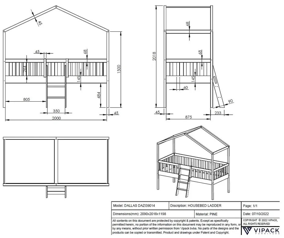 Bílá vyvýšená domečková dětská postel z borovicového dřeva 90x200 cm DALLAS – Vipack