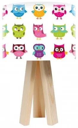 Timberlight Dětská stolní lampa Rainbow Owls + bílý vnitřek + dřevěné nohy