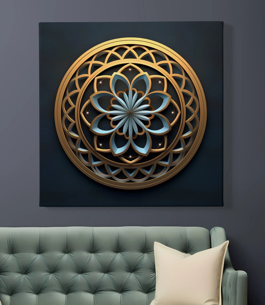 Obraz na plátně - Zlato modrý květ života v kruhu FeelHappy.cz Velikost obrazu: 100 x 100 cm