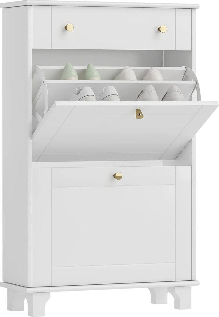 HOMCOM Úzký Botník do Předsíně se 2 Sklápěcími Zásuvkami a 1 Vyndavací Zásuvkou pro 8 Párů Bot 60x23,5x98,5 cm Bílý | Aosom