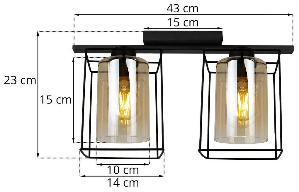 Stropní svítidlo Hella Cage, 2x medové skleněné stínítko v kovovém rámu