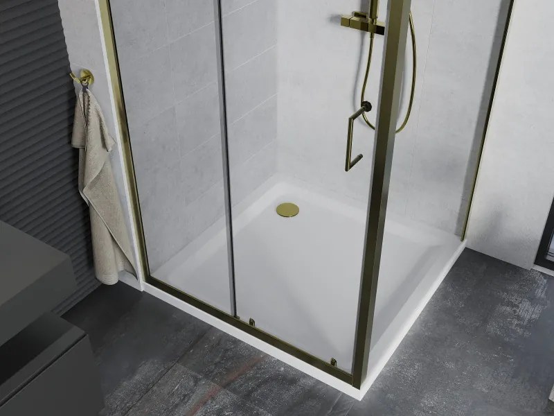 Mexen Apia sprchový kout s posuvnými dveřmi 90 (dveře) x 90 (stěna) cm, 5mm čiré sklo, zlatý profil + bílá sprchová vanička SLIM, 840-090-090-50-00-4010G