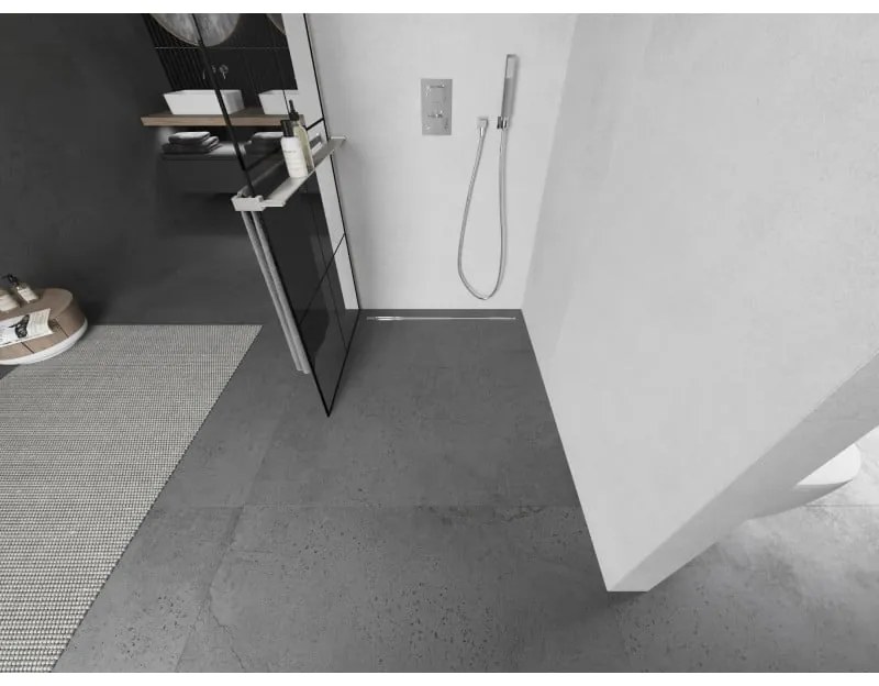 Mexen Kioto+, sprchová zástěna Walk-In s poličkou a věšákem 80 x 200 cm, 8mm čiré sklo černý vzor, broušená ocel profil, 800-080-121-97-77