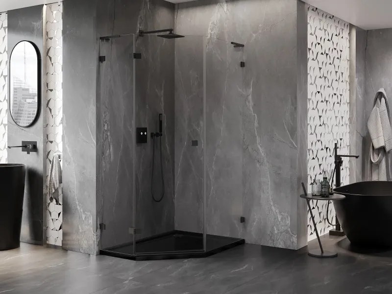 Mexen Lunar, L pětiúhelníkový sprchový kout naklápěcí doleva 80 x 90 cm, 8mm čiré sklo, černý profil, 831L-080L-090P-70-00-L
