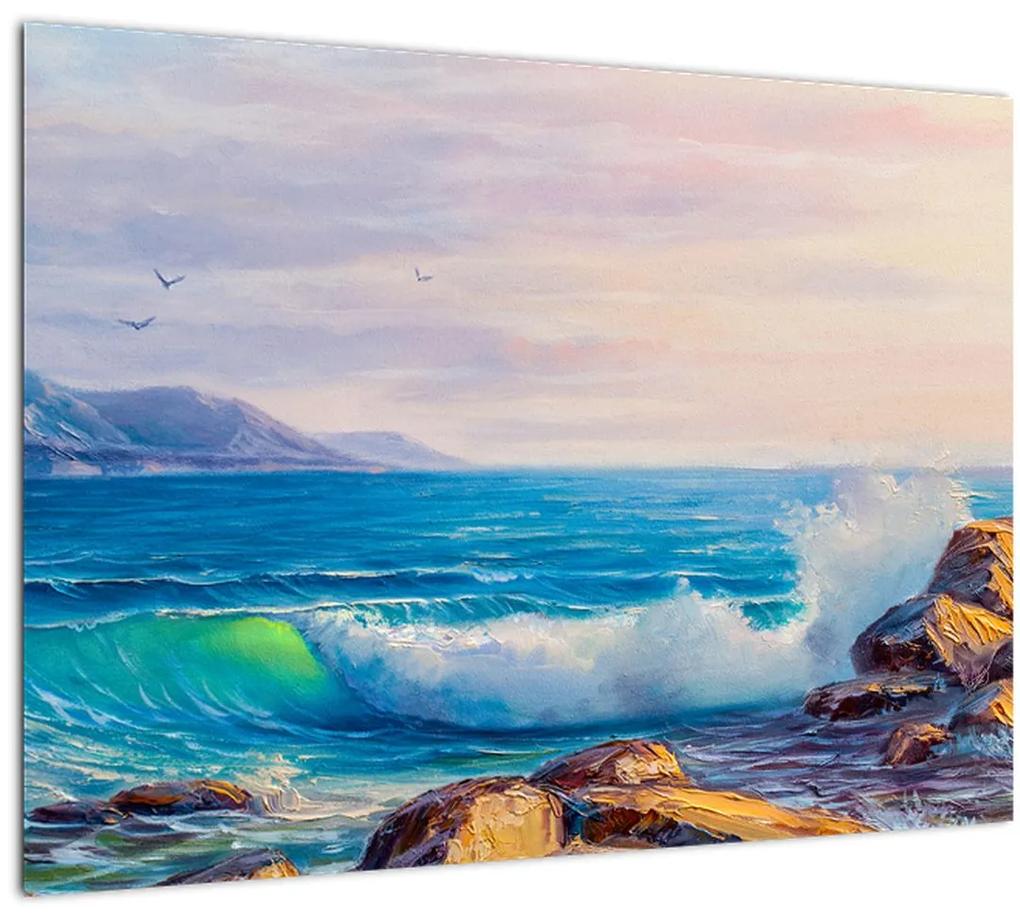 Skleněný obraz vln narážejících na útesy, olejomalba (70x50 cm)