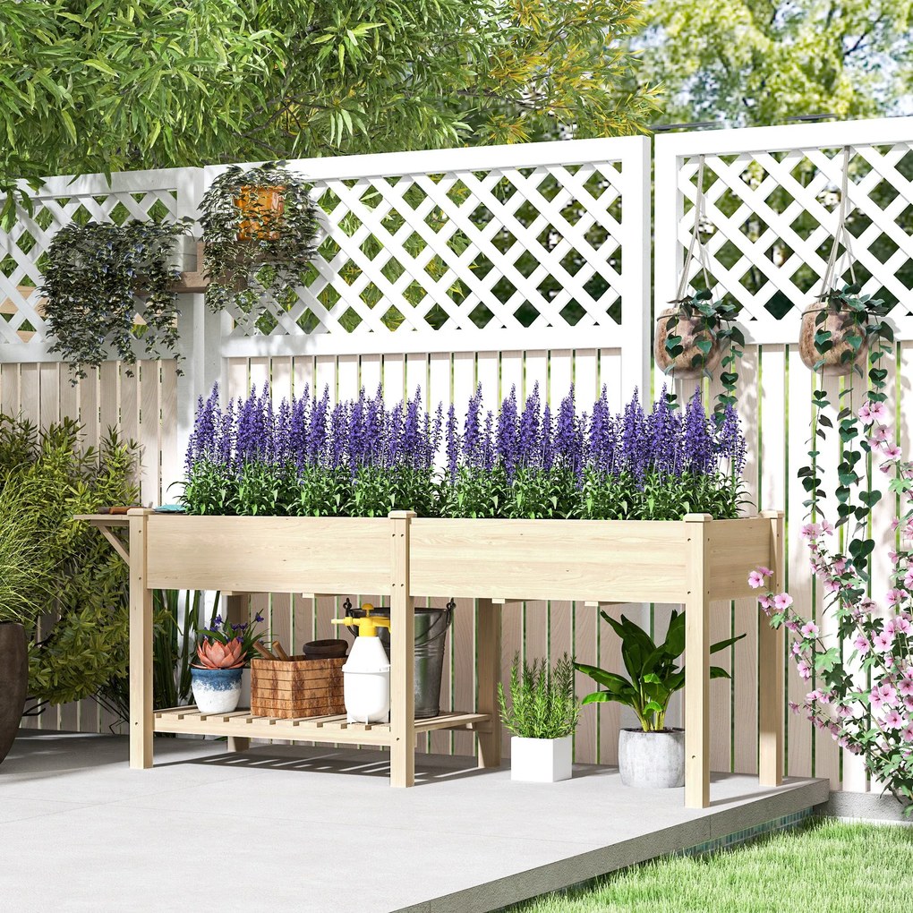 Vyvýšený zahradní záhon Outsunny s nohama, zahradní květináč s 2 výsadbovými boxy, skládací policí a spodní policí, 207 x 59 x 78 cm, přírodní dřevo |